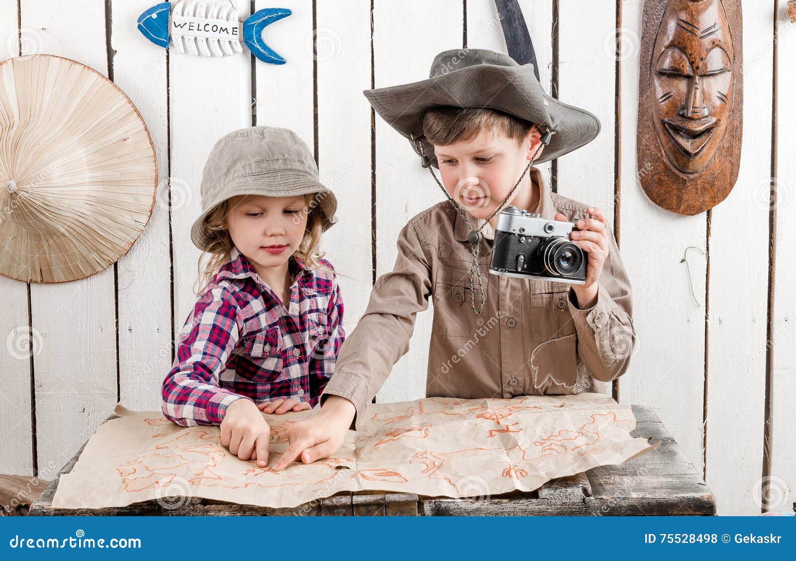 Two Little Children Watching Map Stock Photo - Image of schoolgirl ...