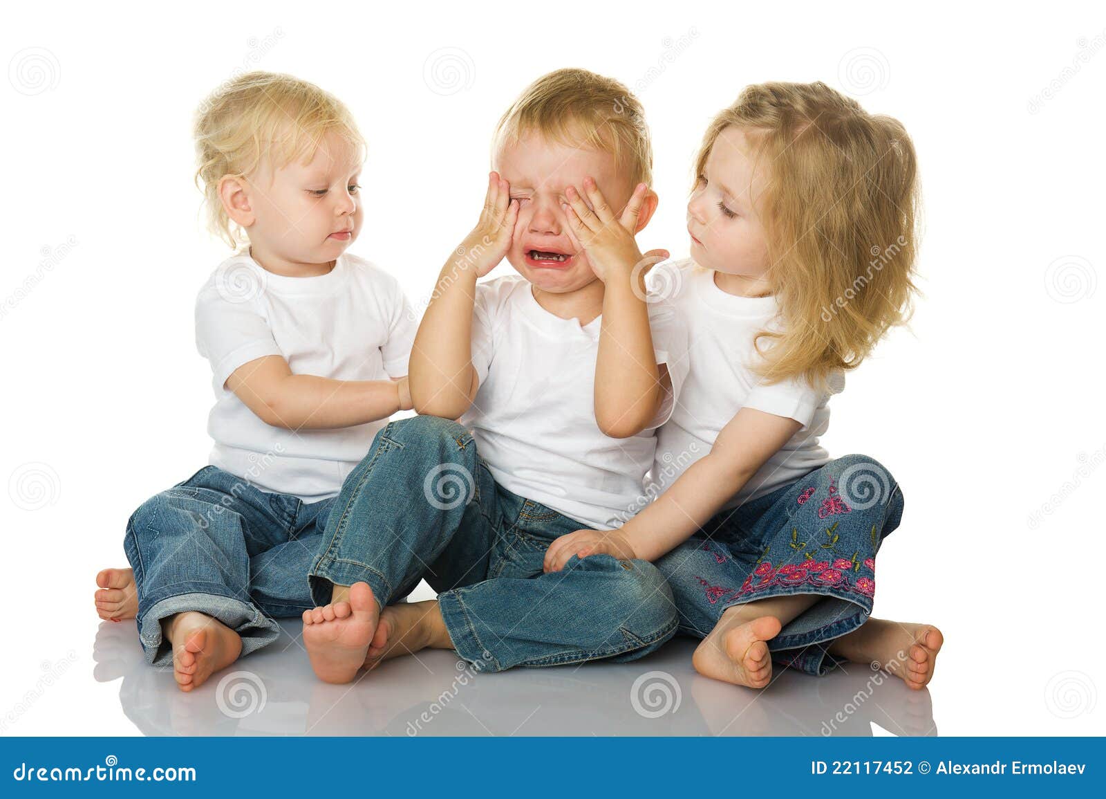 Two Little Girls Calm the Crying Boy Stock Photo - Image of family ...