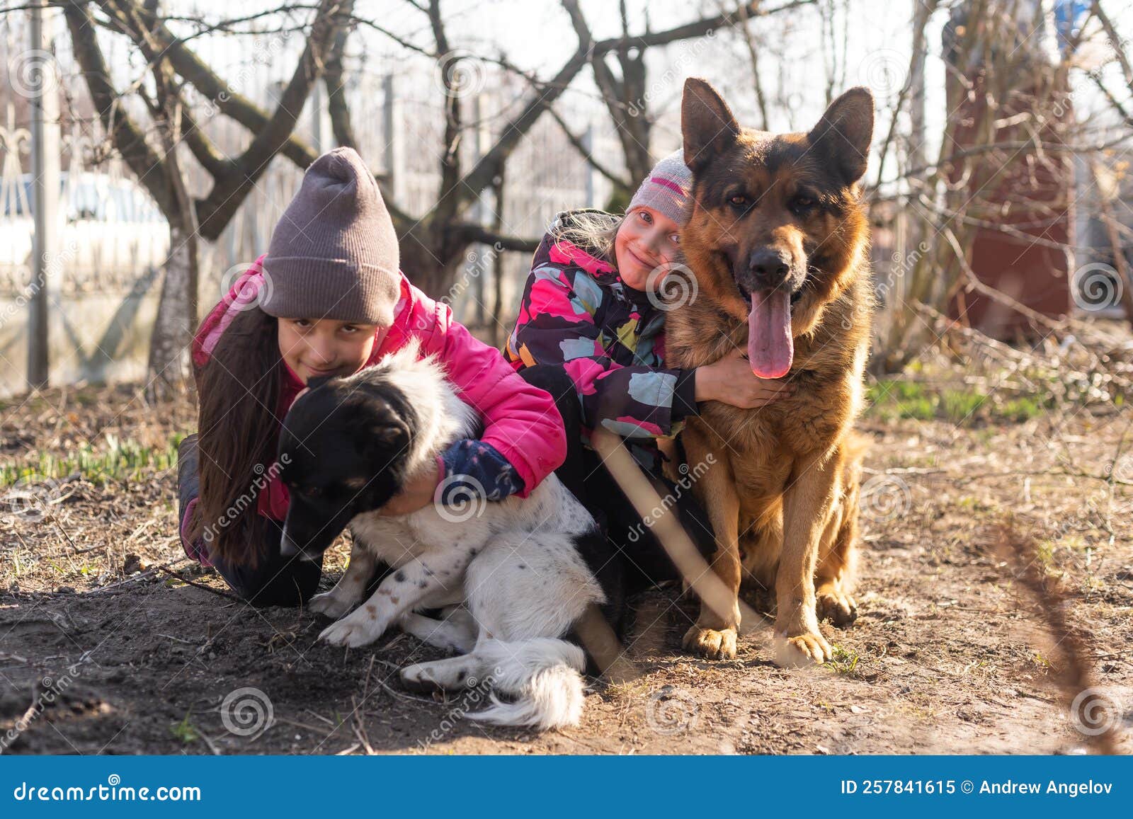 Two Little Girls with a German Shepherd Stock Image - Image of happy ...