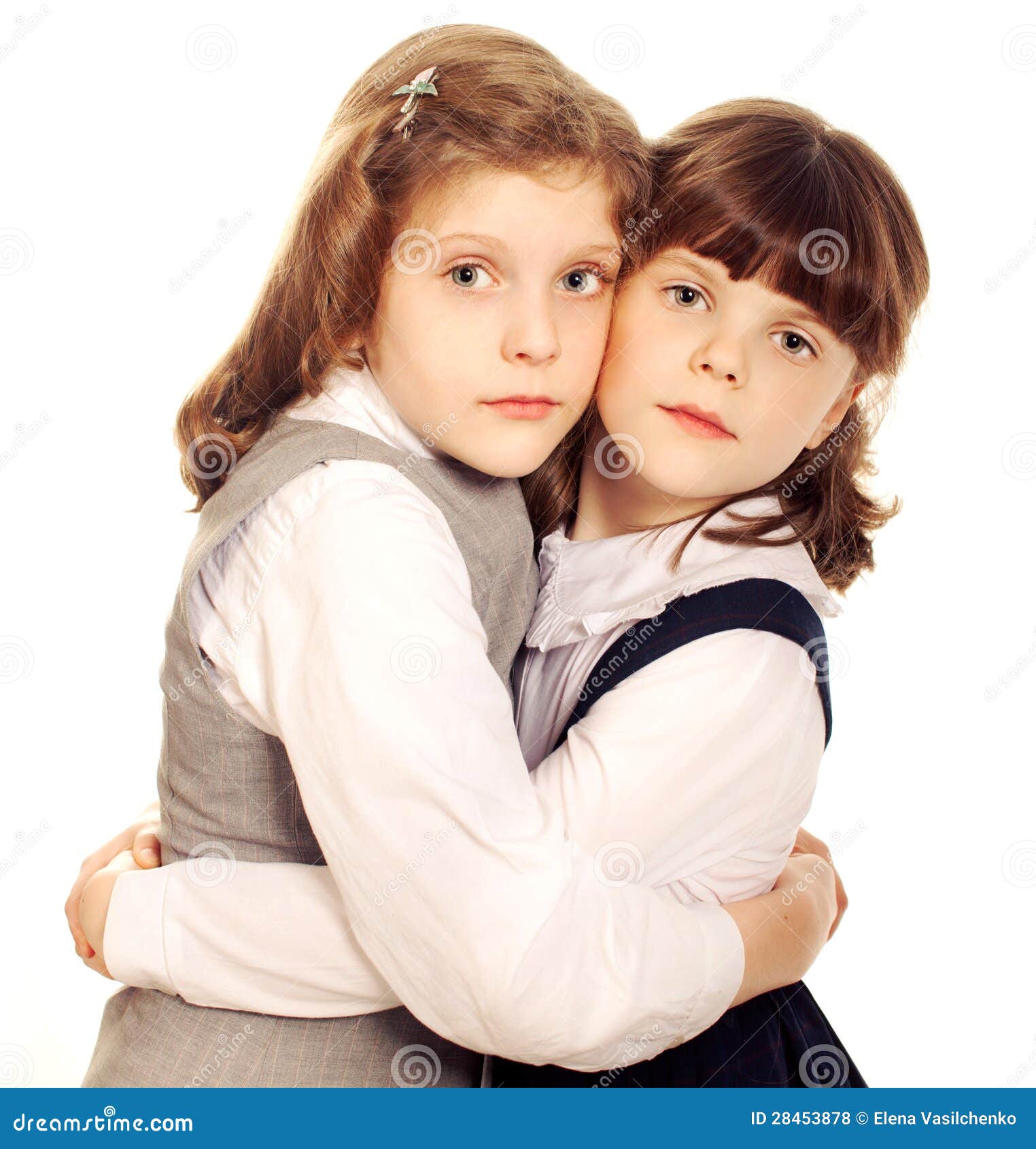 Two Little Girls Hugging. Isolated Stock Photo - Image of dress ...