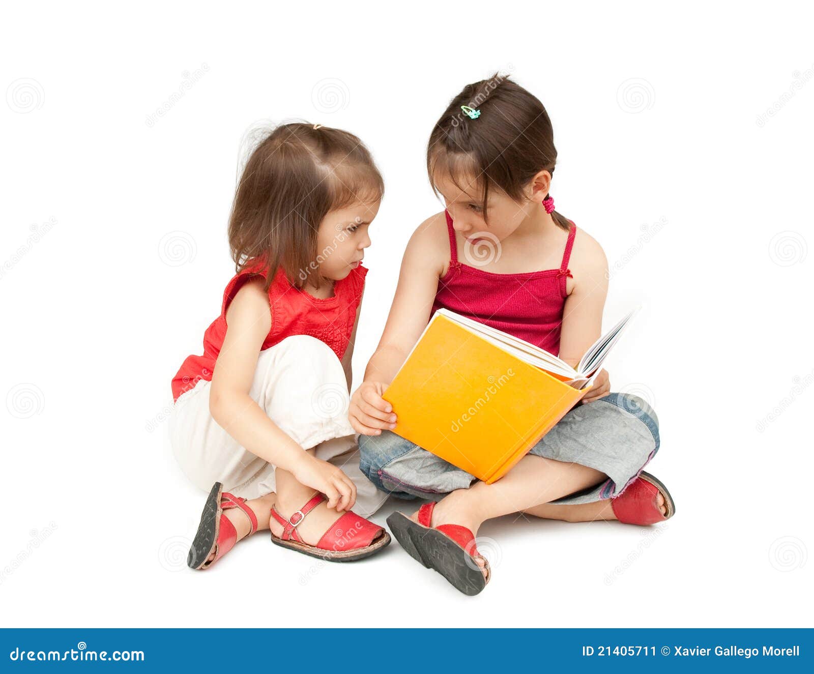 Two Little Girls Reading a Book Stock Image - Image of notebook ...