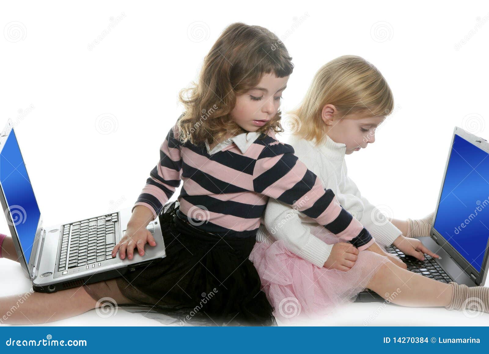 Two Little Girls Sister with Computer Laptops Stock Photo - Image of ...