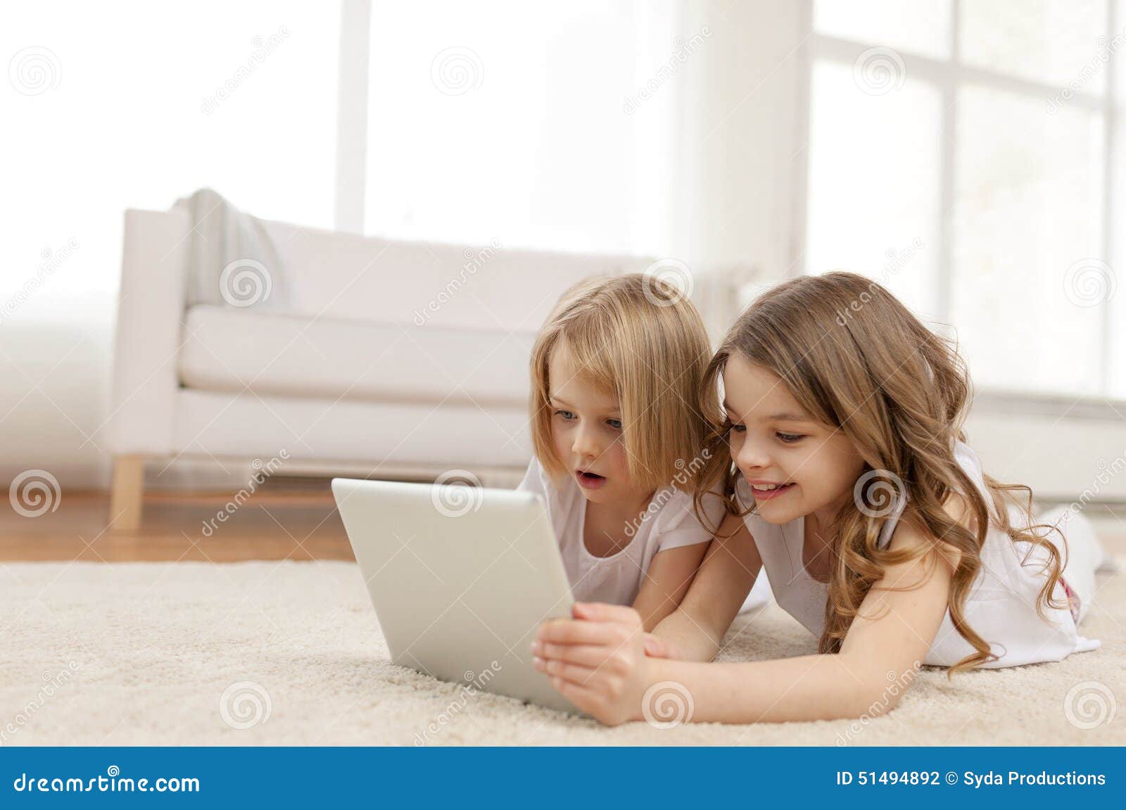 Two Little Girls with Tablet Pc at Home Stock Photo - Image of playing ...