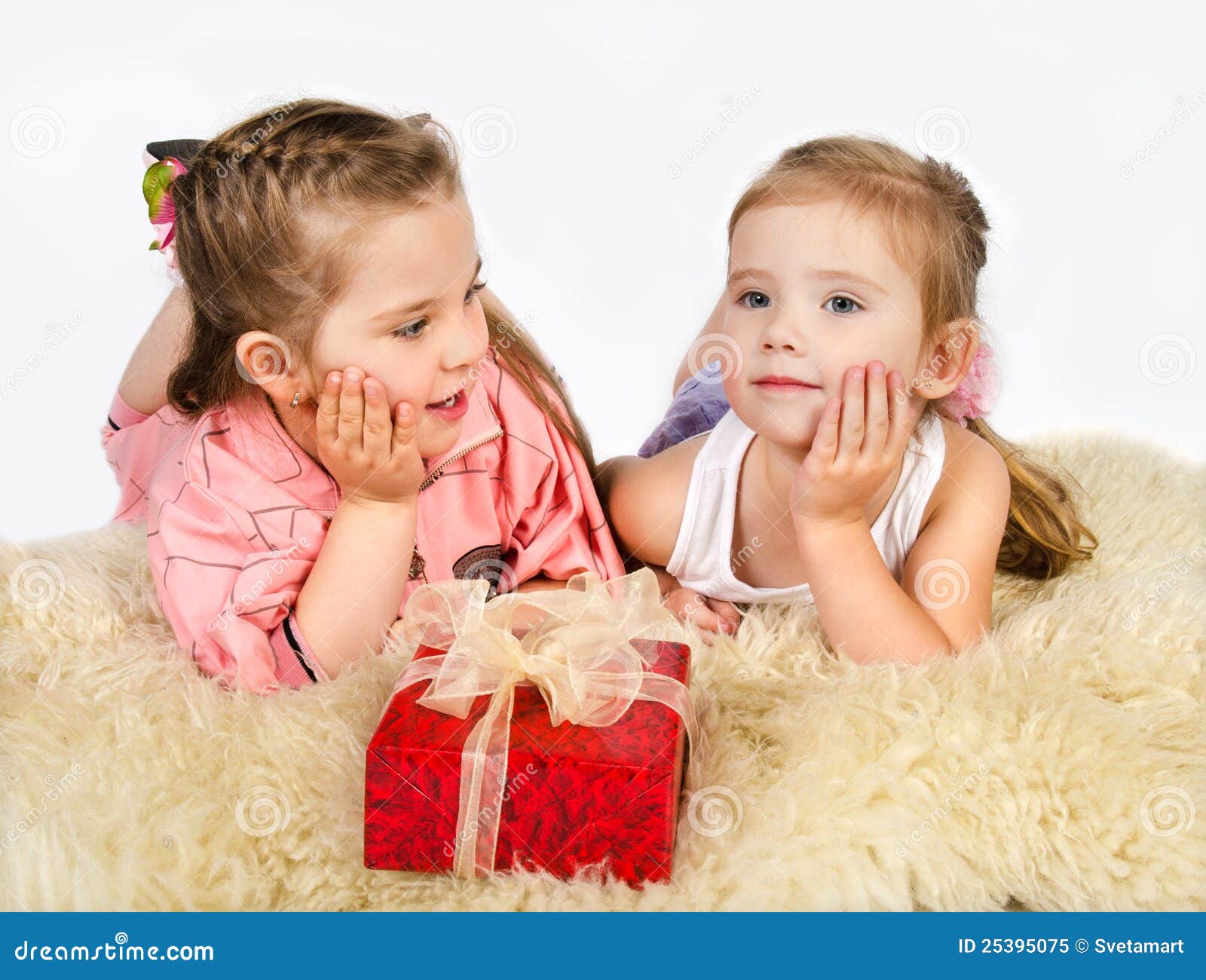 Two Little Girls Talking and Gift Box Stock Image - Image of adorable ...
