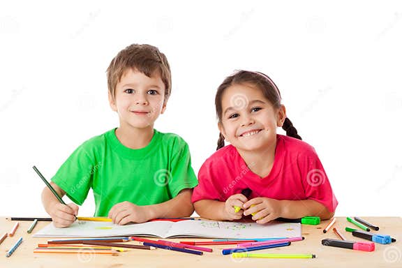 Two Little Kids Draw with Crayons Stock Photo - Image of painter, cute ...