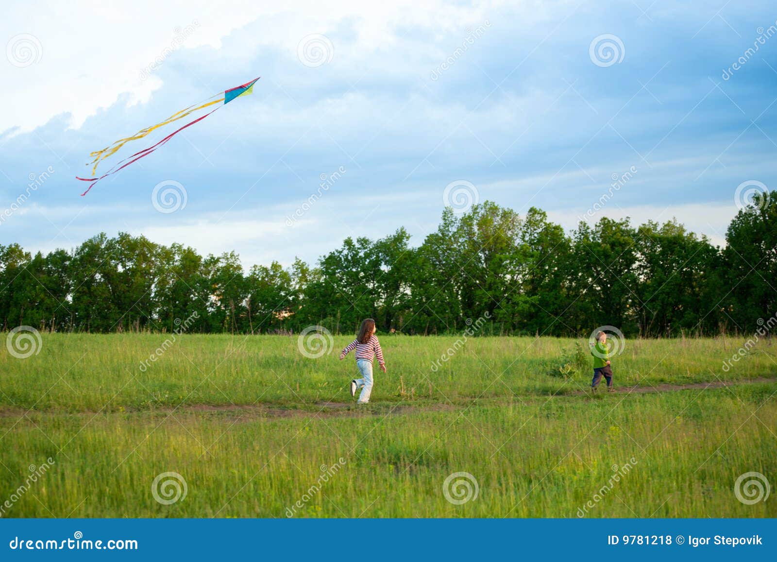 Two little kids fly a kite stock photo. Image of playing - 9781218