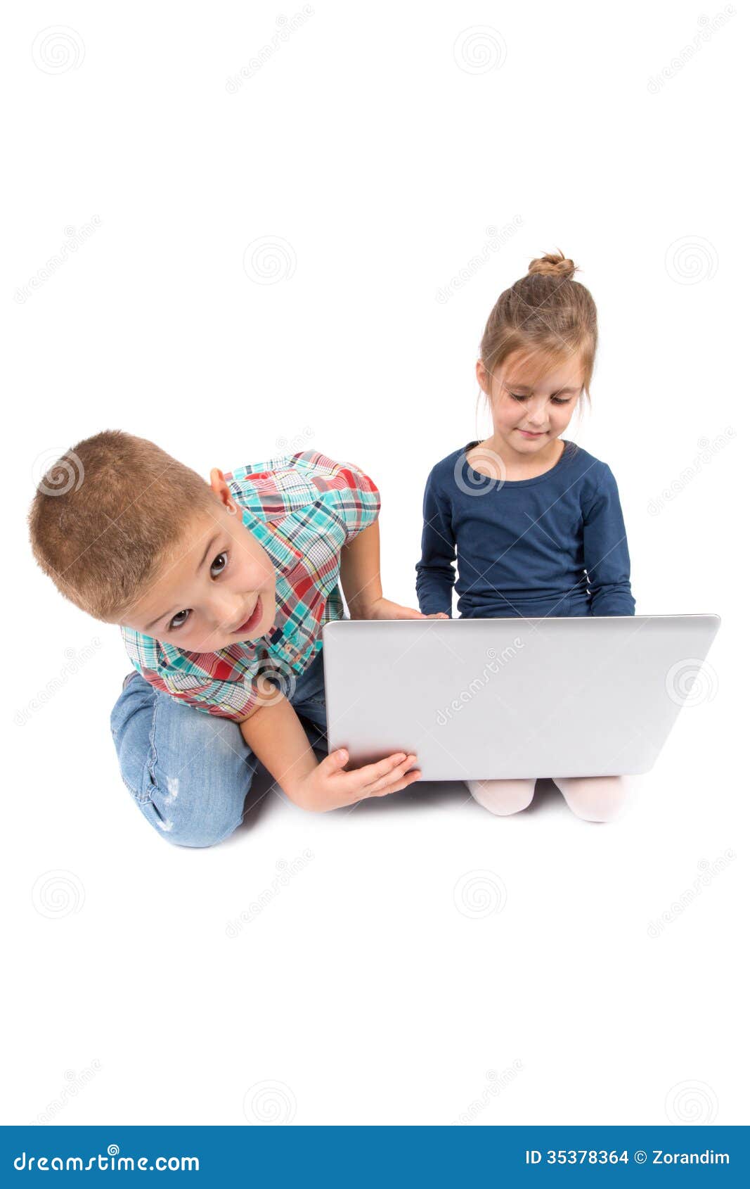 Two Little Kids Using a Laptop Stock Photo - Image of female, copyspace ...