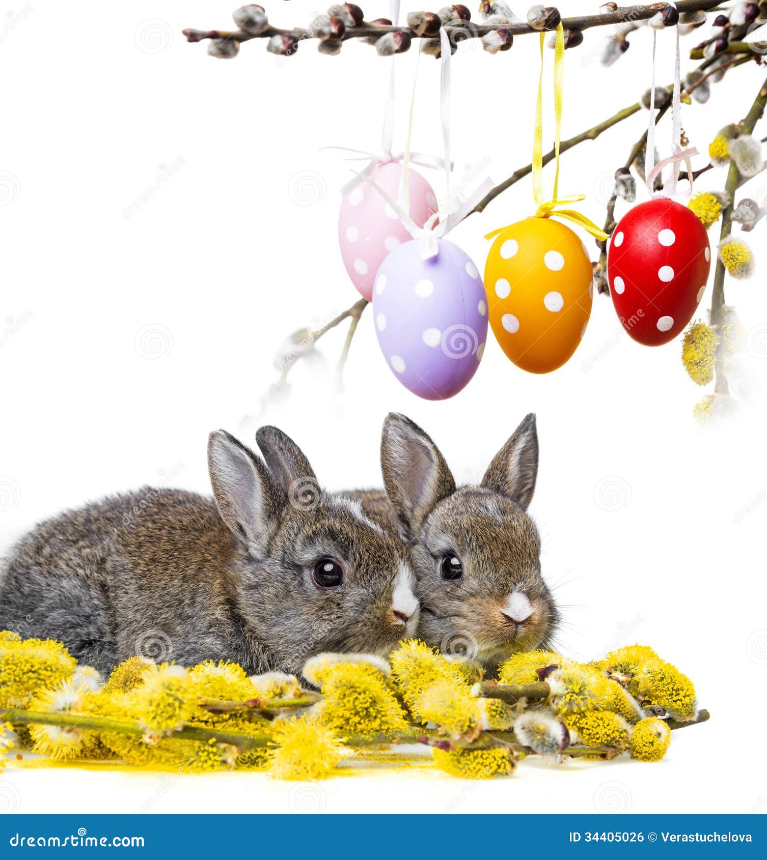 Two Little Rabbits and Easter Eggs Stock Photo - Image of flowery ...