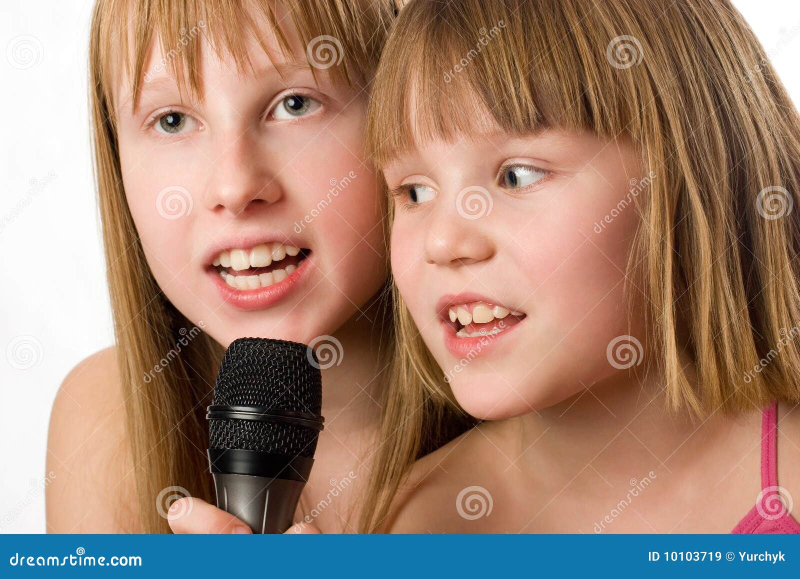 Two Little Sisters Singing in Microphone Stock Image - Image of happy ...