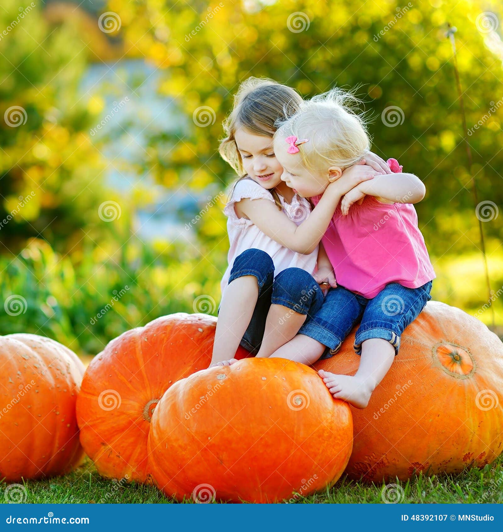 Two Little Sisters Sitting on Huge Pumpkins Stock Image - Image of gardening, leisure: 48392107