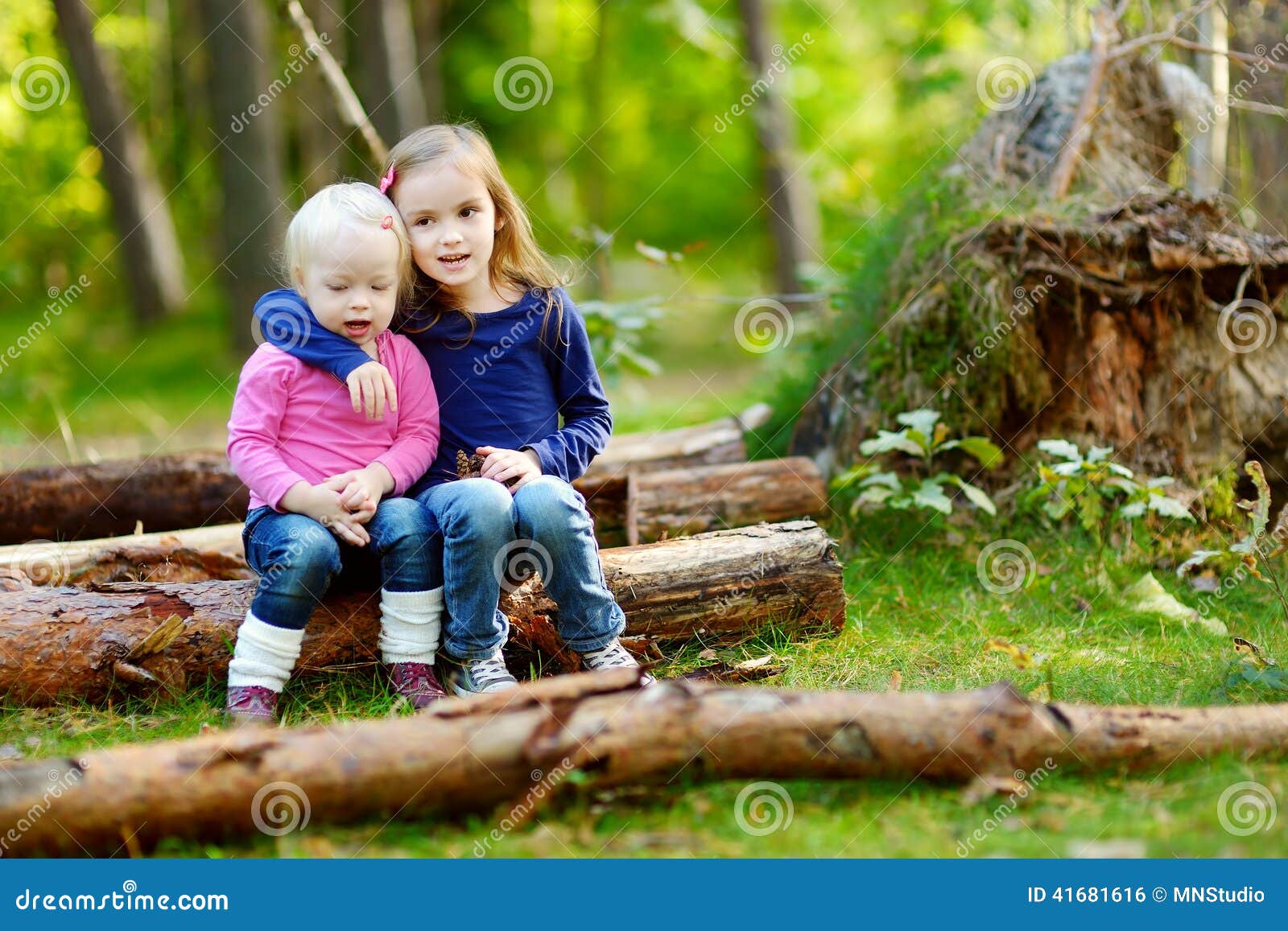 Two Little Sisters Sitting on a Log in a Forest Stock Photo - Image of ...
