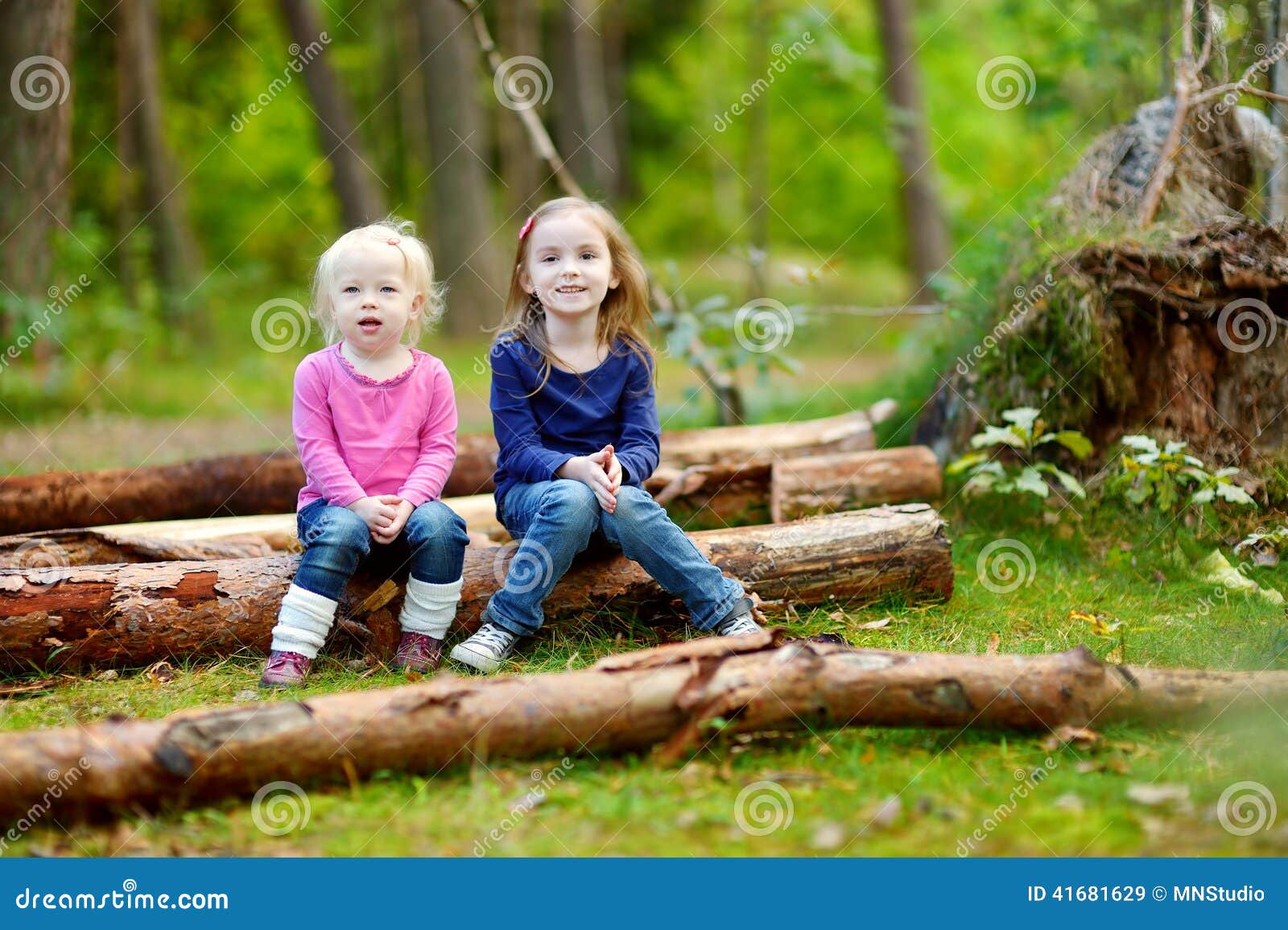 Two Little Sisters Sitting on a Log in a Forest Stock Image - Image of ...