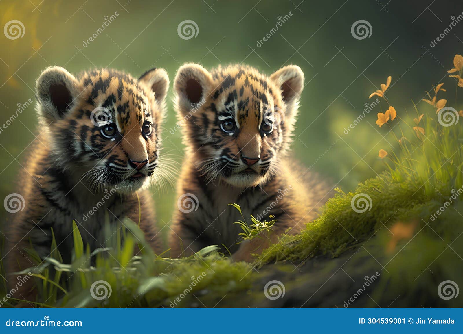 Two Little Tiger Cubs Sitting on the Grass in the Forest. Stock ...
