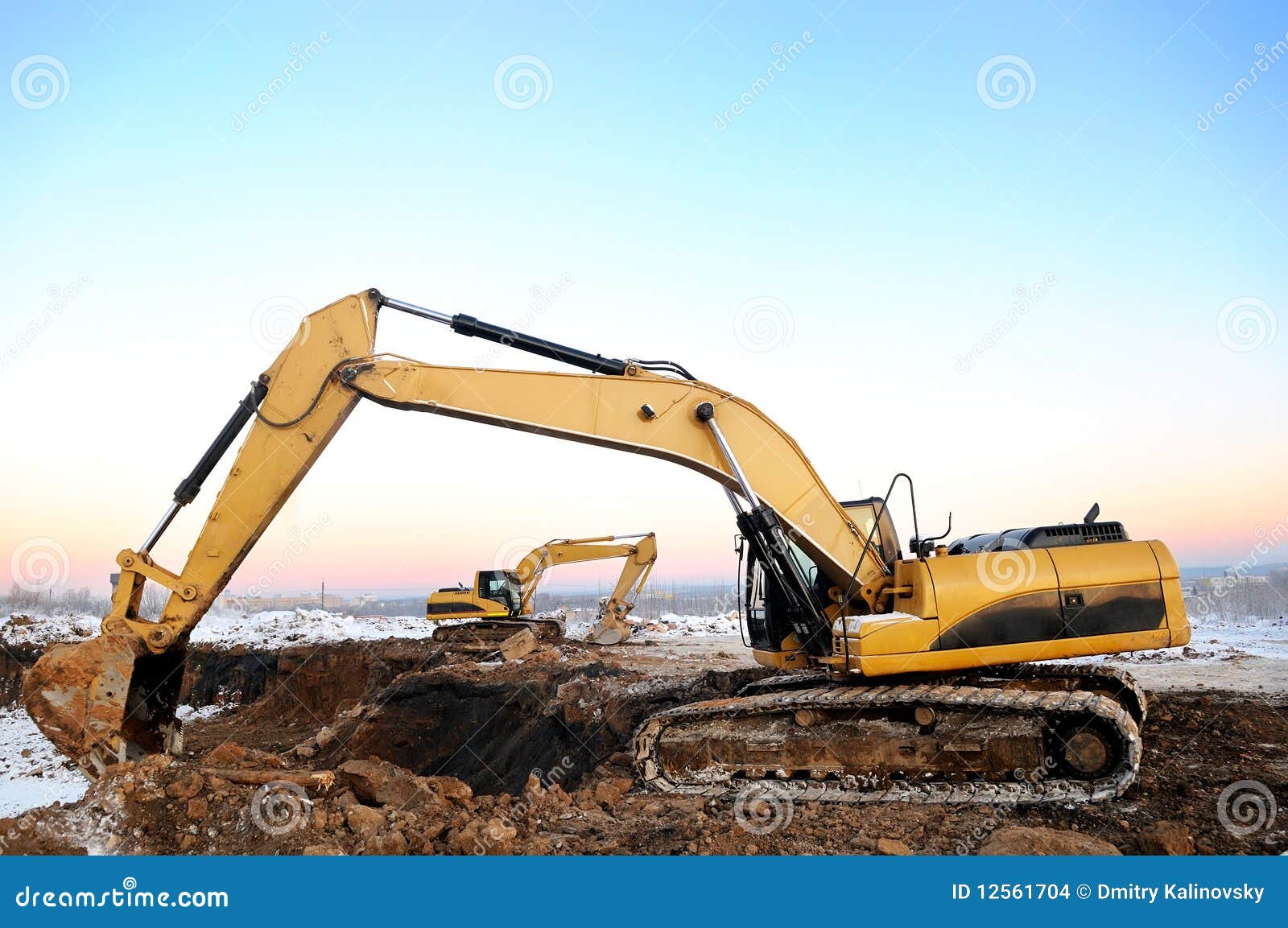 Two Loader Excavators in Open Cast in Winter Stock Photo - Image of ...