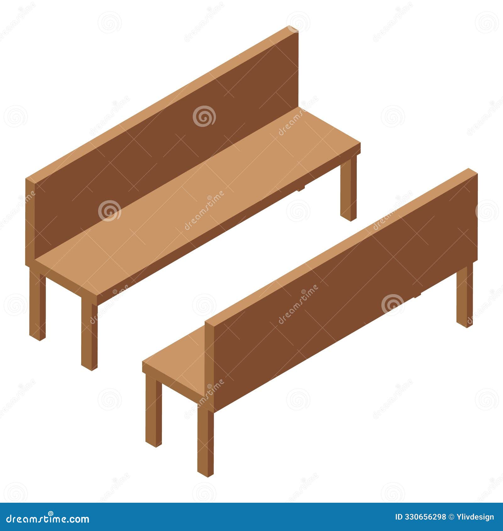 Two Long Wooden Benches With Backrest Standing On White Background ...