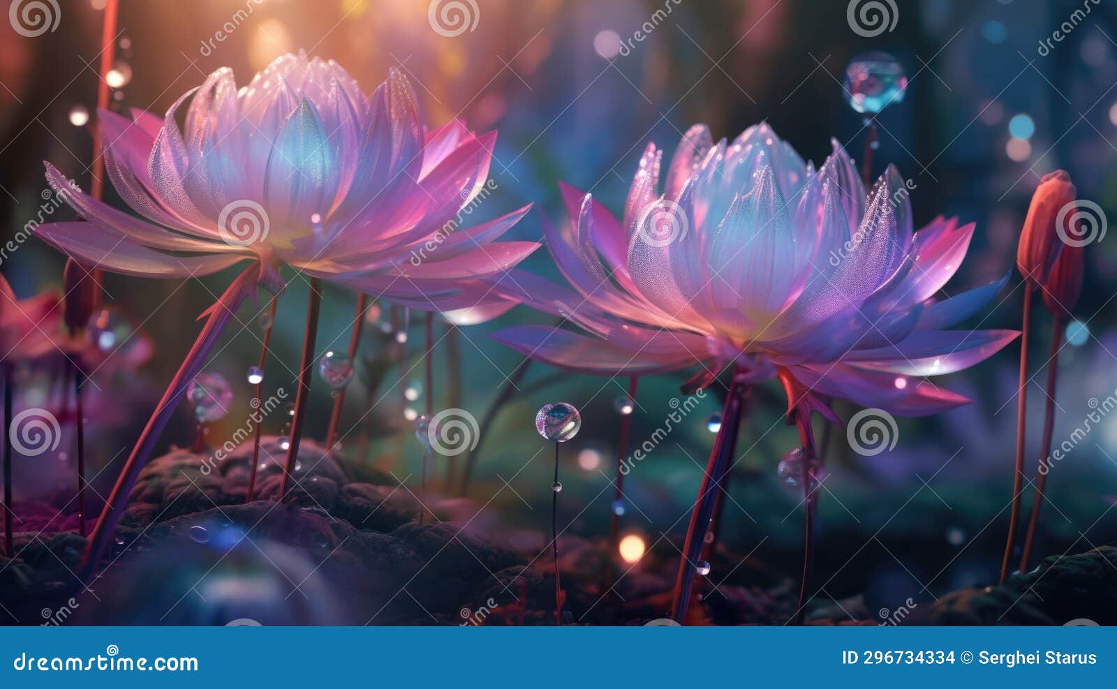 Two Lotus Flowers in the Forest with Water Droplets, AI Stock ...