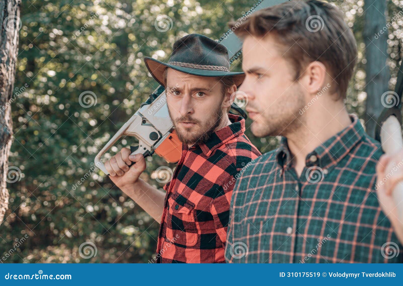 Two Lumberjacks Portrait with Chainsaw and Axe. Stock Image - Image of ...