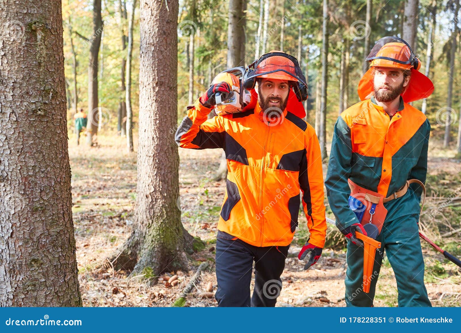 Two Lumberjacks in Protective Gear with Chainsaw Stock Image - Image of ...