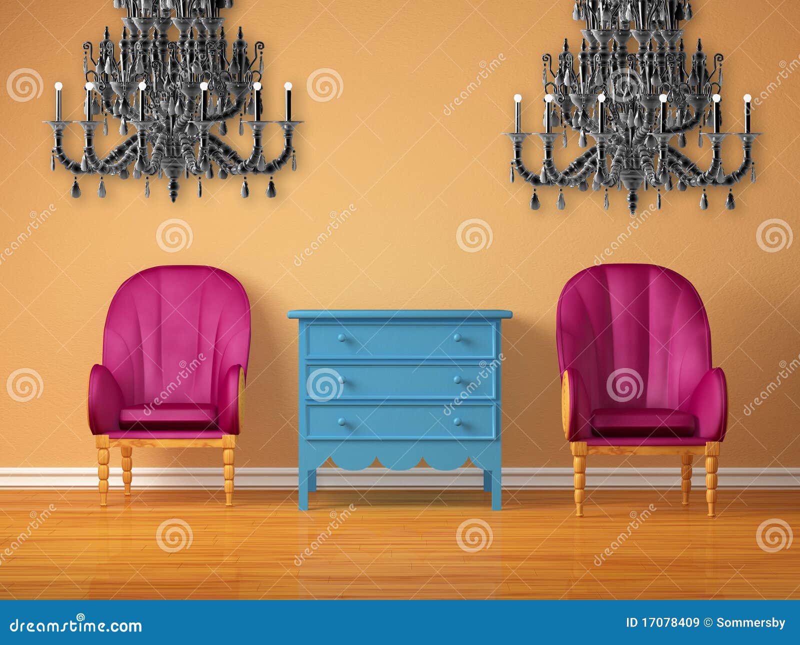 Two Luxurious Chairs with Bedside and Chandeliers Stock Illustration ...