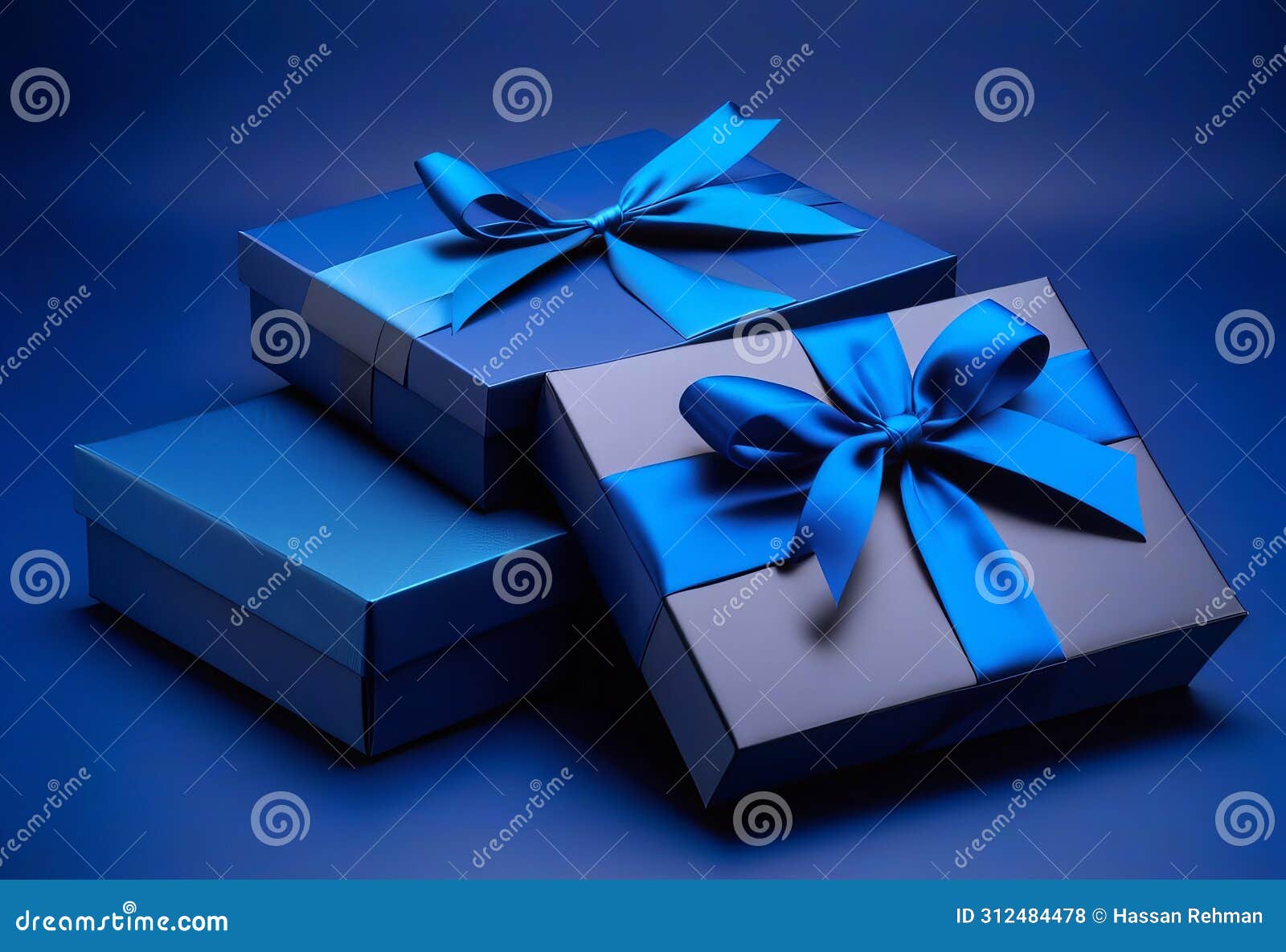 Two Luxury Gift Boxes with a Blue Bow on Dark Blue. Side View ...