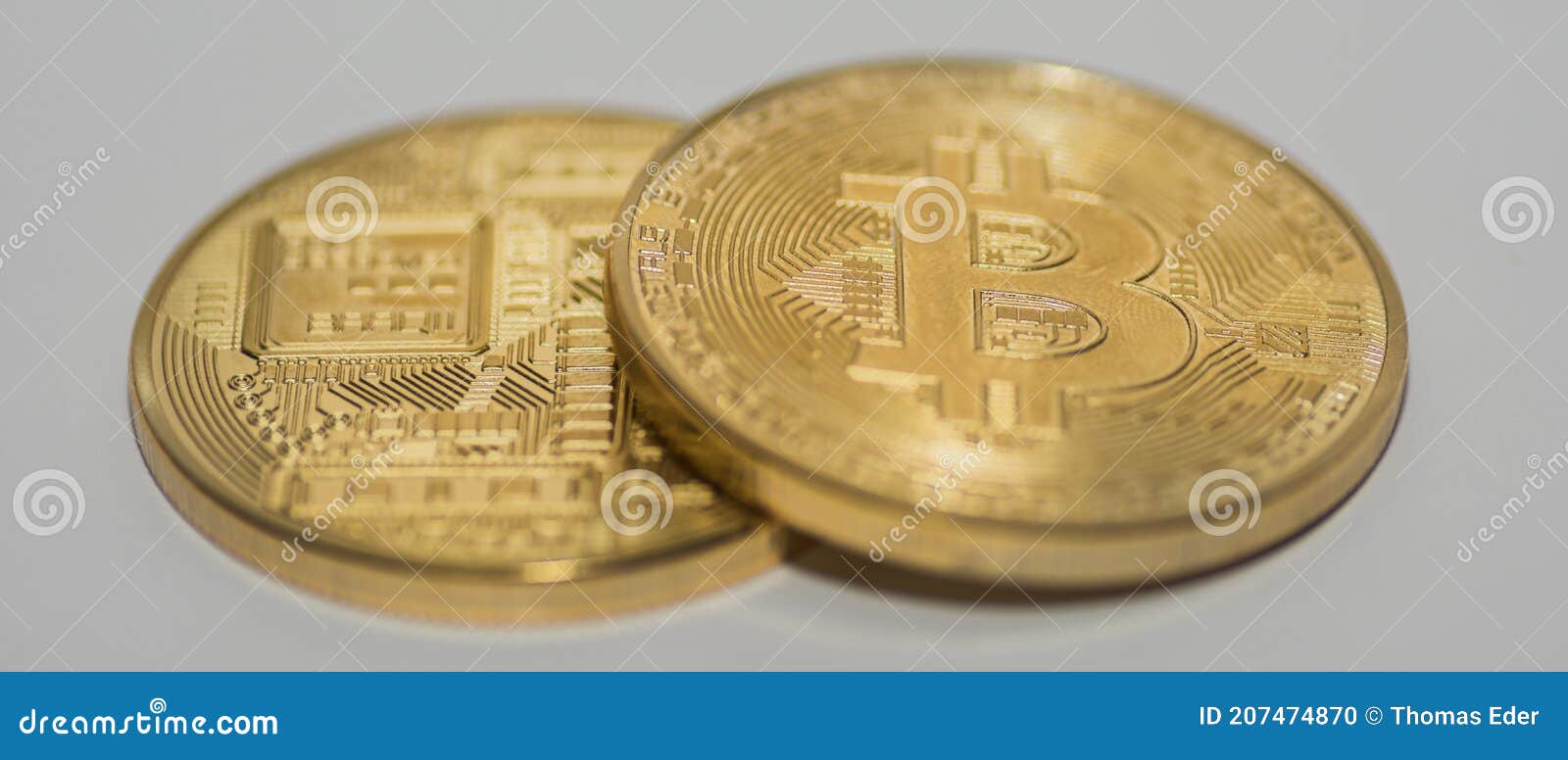 Two Lying Bitcoins with Front and Back Side View on Gray Panorama Stock ...