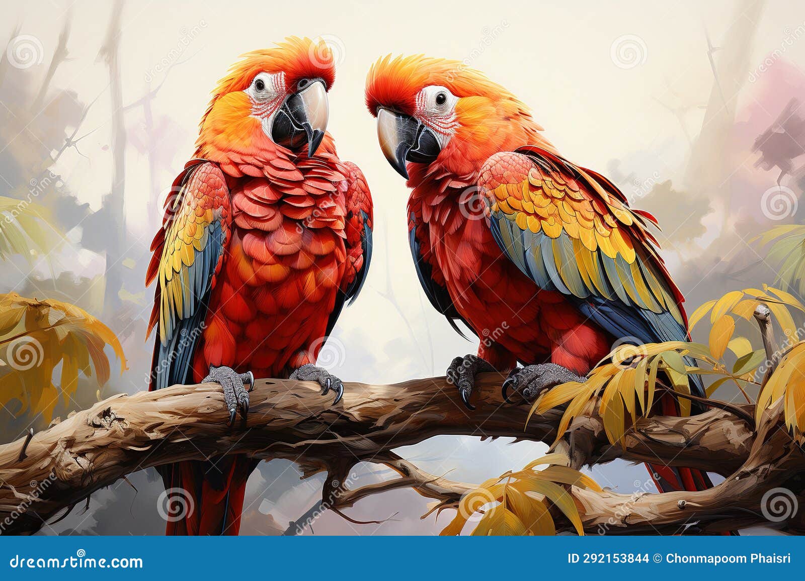 Two Macaws on a Branch in the Rainforest, 3d Illustration Generative AI ...