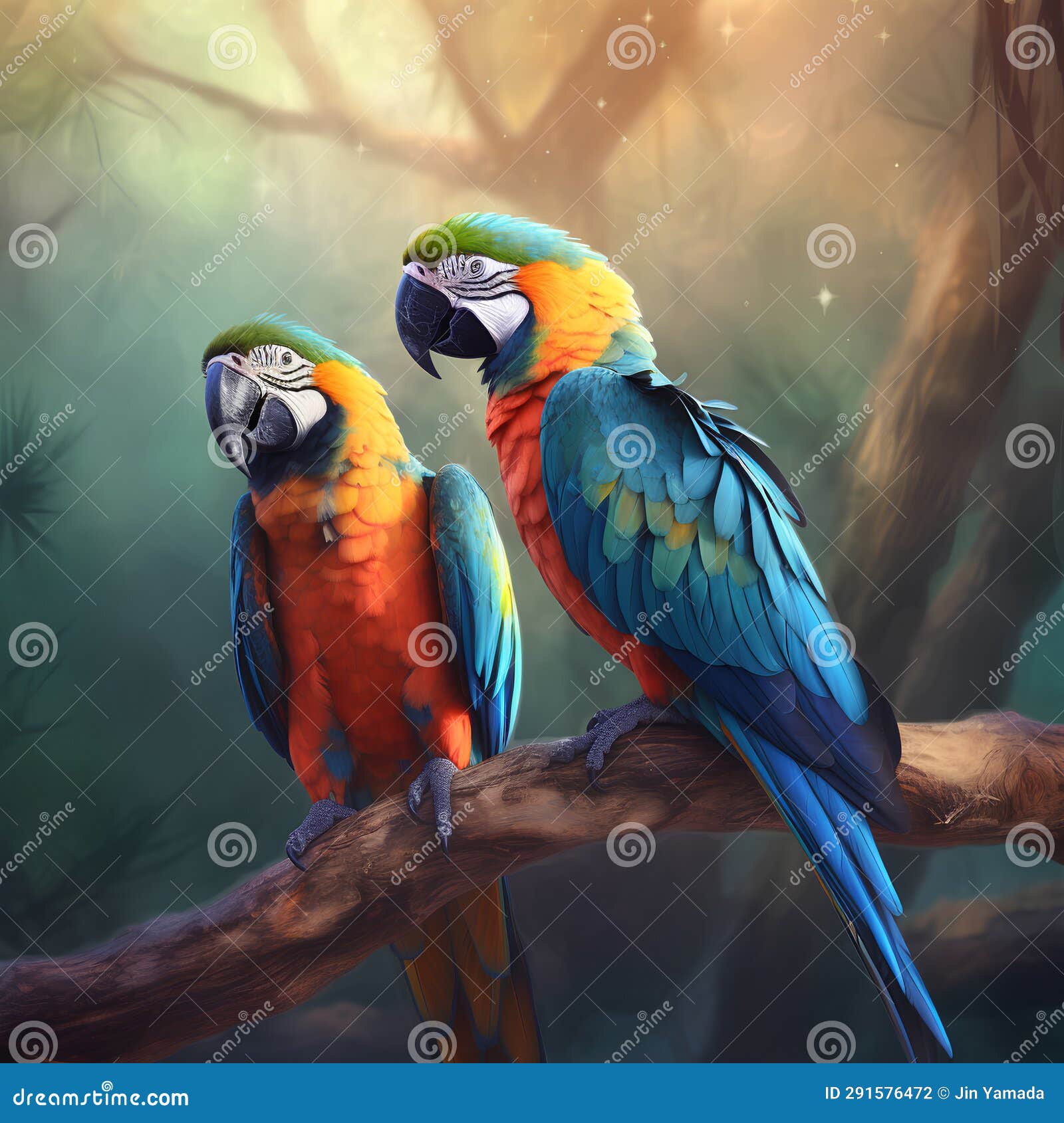 Two Macaws Sitting on a Branch in the Forest. 3d Rendering Stock ...