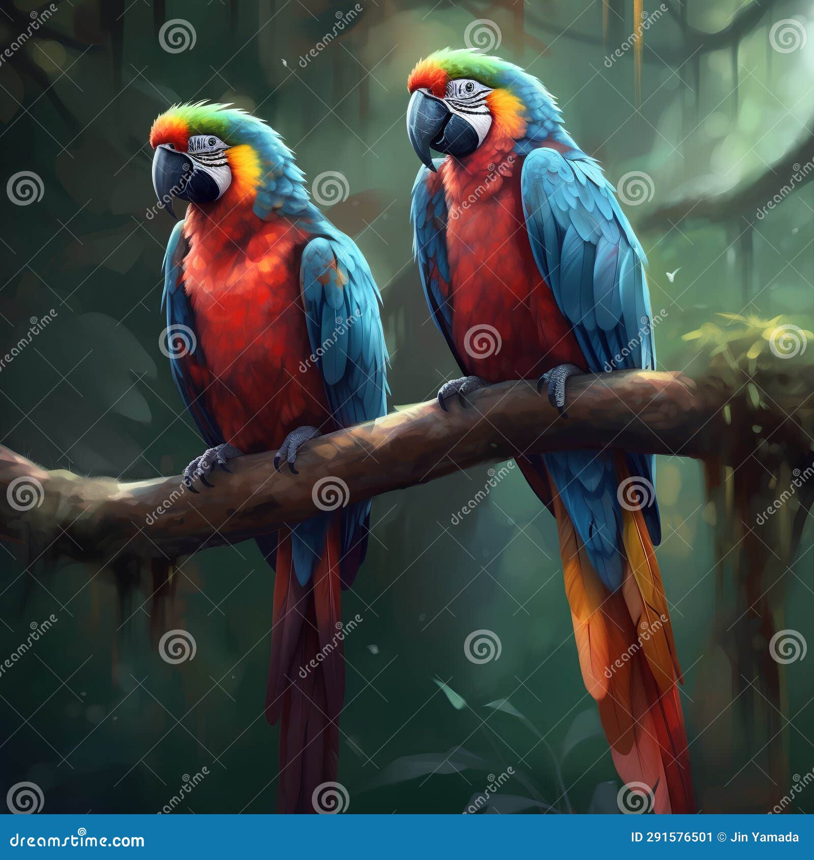 Two Macaws Sitting on a Branch in the Jungle. Vector Illustration Stock ...
