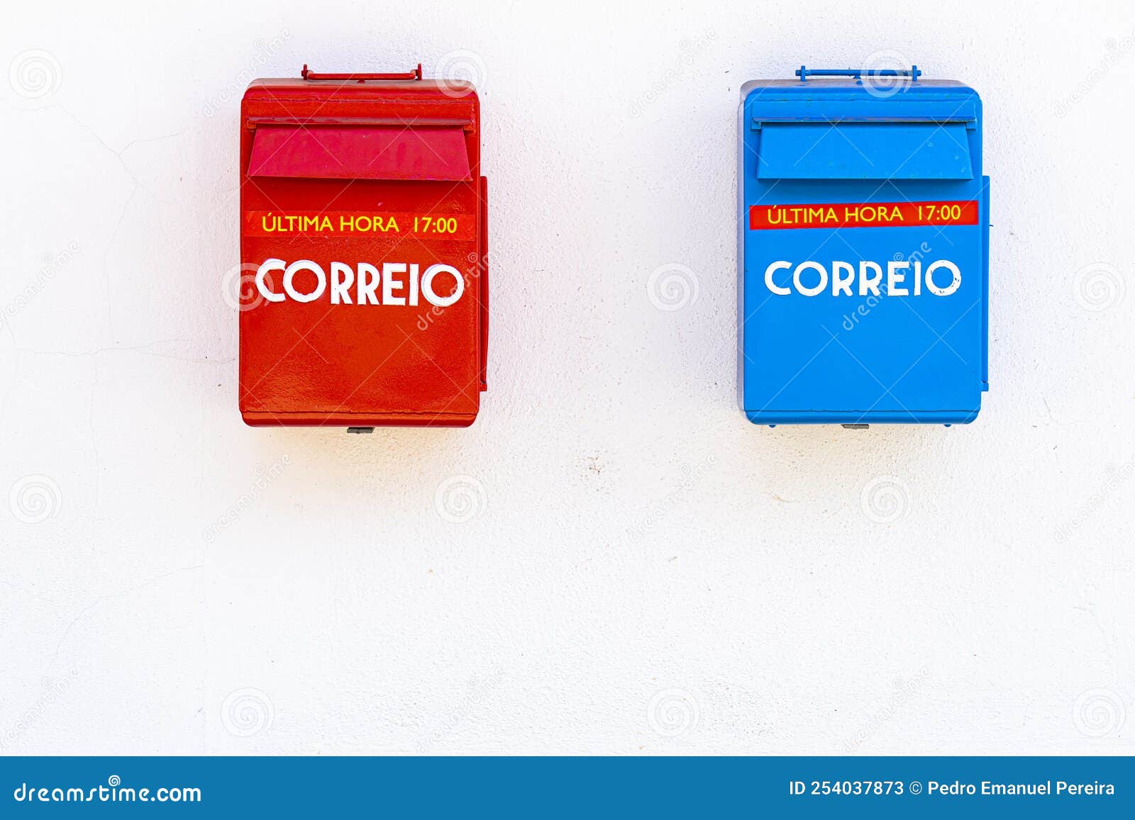 Two Mailboxes, One Red Plain Mail, One Blue Express Mail Under White ...