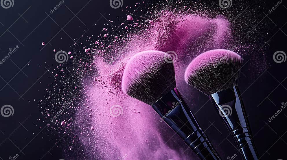 Two Makeup Brushes with Pink Powder Explosion on Dark Background Stock ...