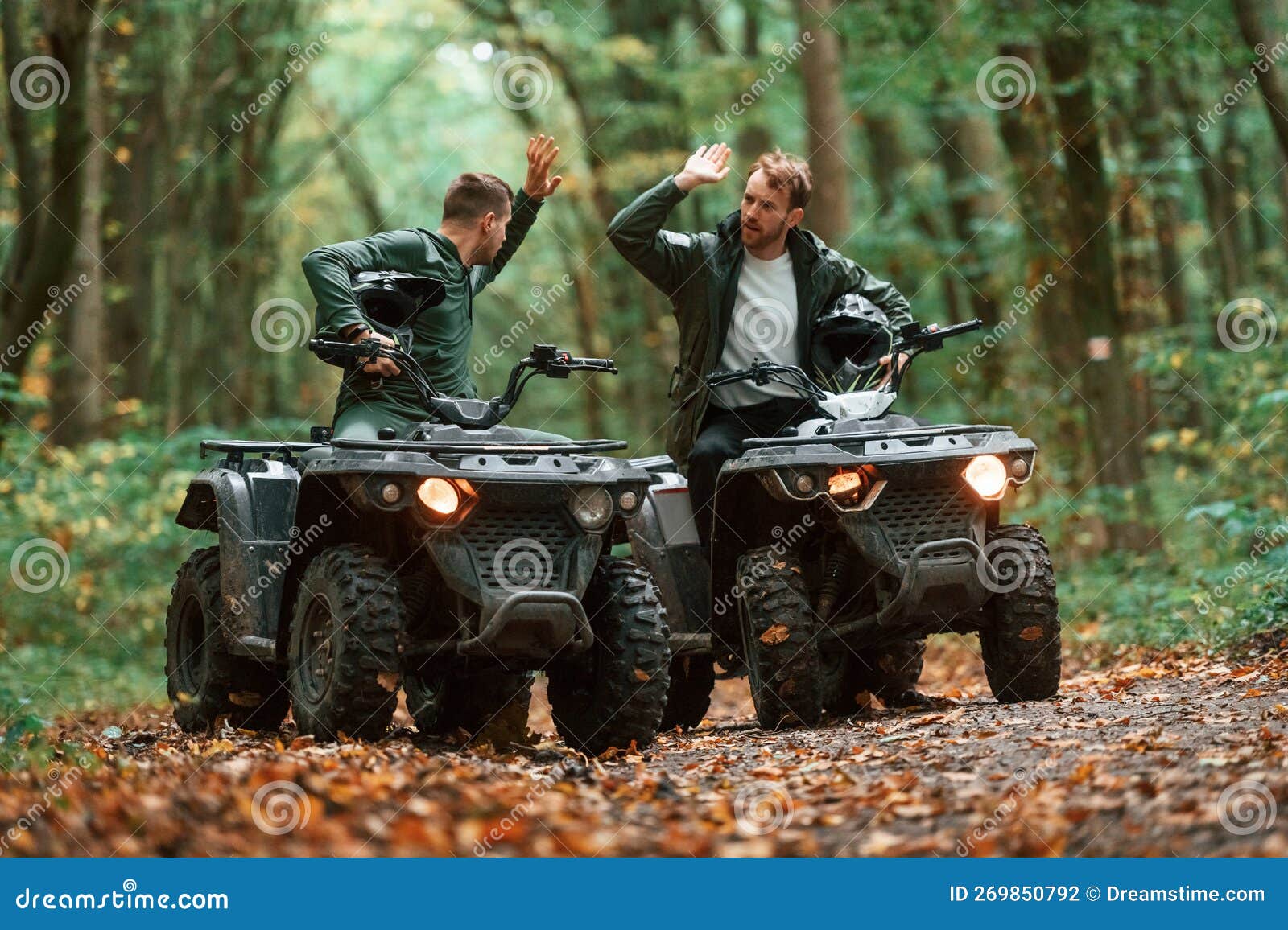 Two Male Atv Riders is in the Forest Together Stock Photo - Image of ...