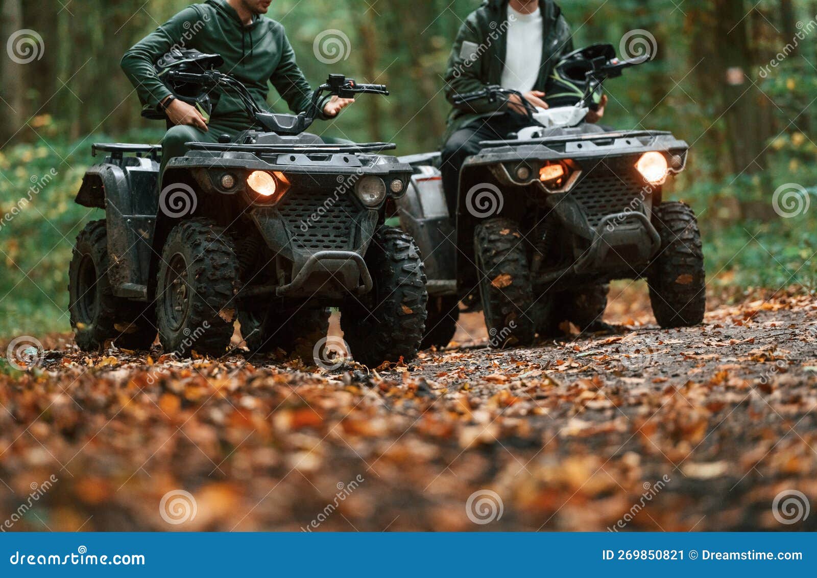Two Male Atv Riders is in the Forest Together Stock Image - Image of ...