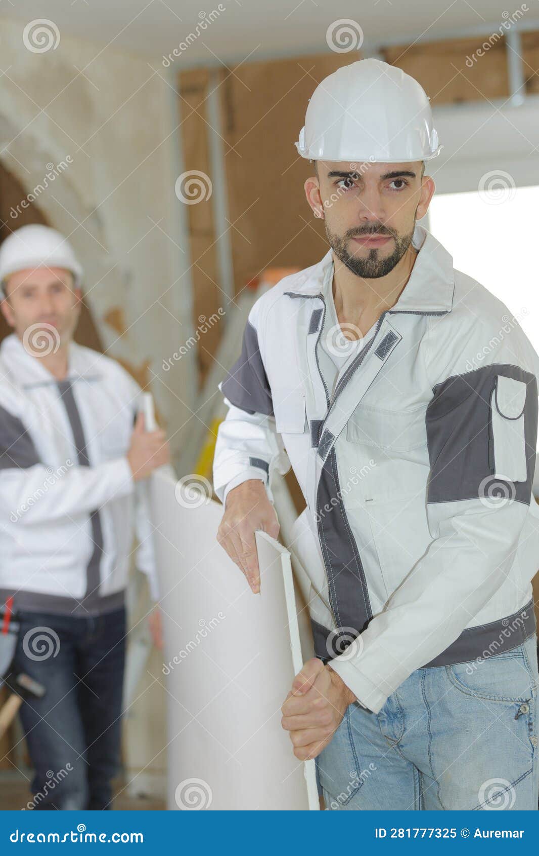 Two Male Builders Carrying Boarding Stock Image - Image of industry ...
