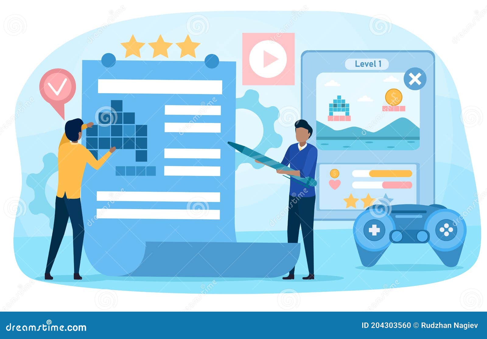 Two Male Characters Designing Game Stock Vector - Illustration of ...