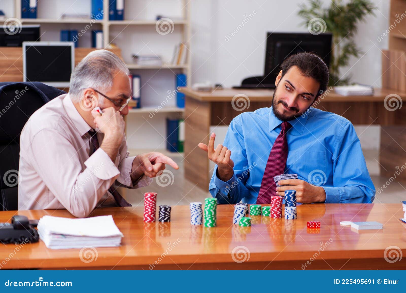 Two Male Employees Playing Cards at Workplace Stock Image - Image of ...