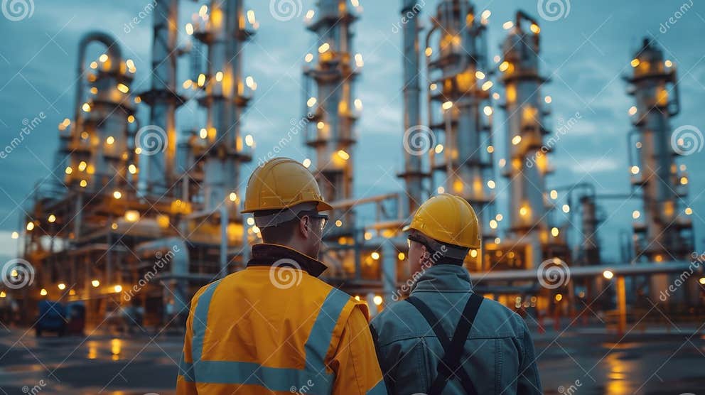 Two Male Engineers in Uniform Discuss Issues on the Refining and ...