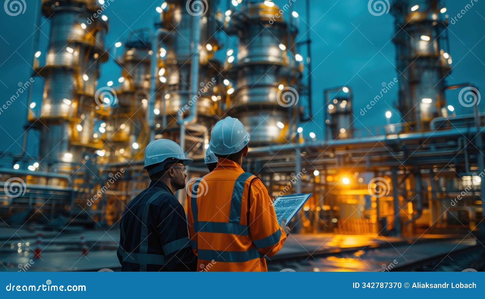 Two Male Engineers in Uniform Discuss Issues on the Refining and ...