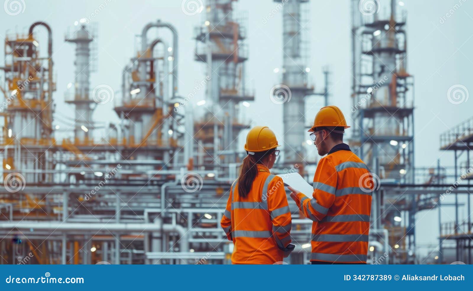 Two Male Engineers in Uniform Discuss Issues on the Refining and ...