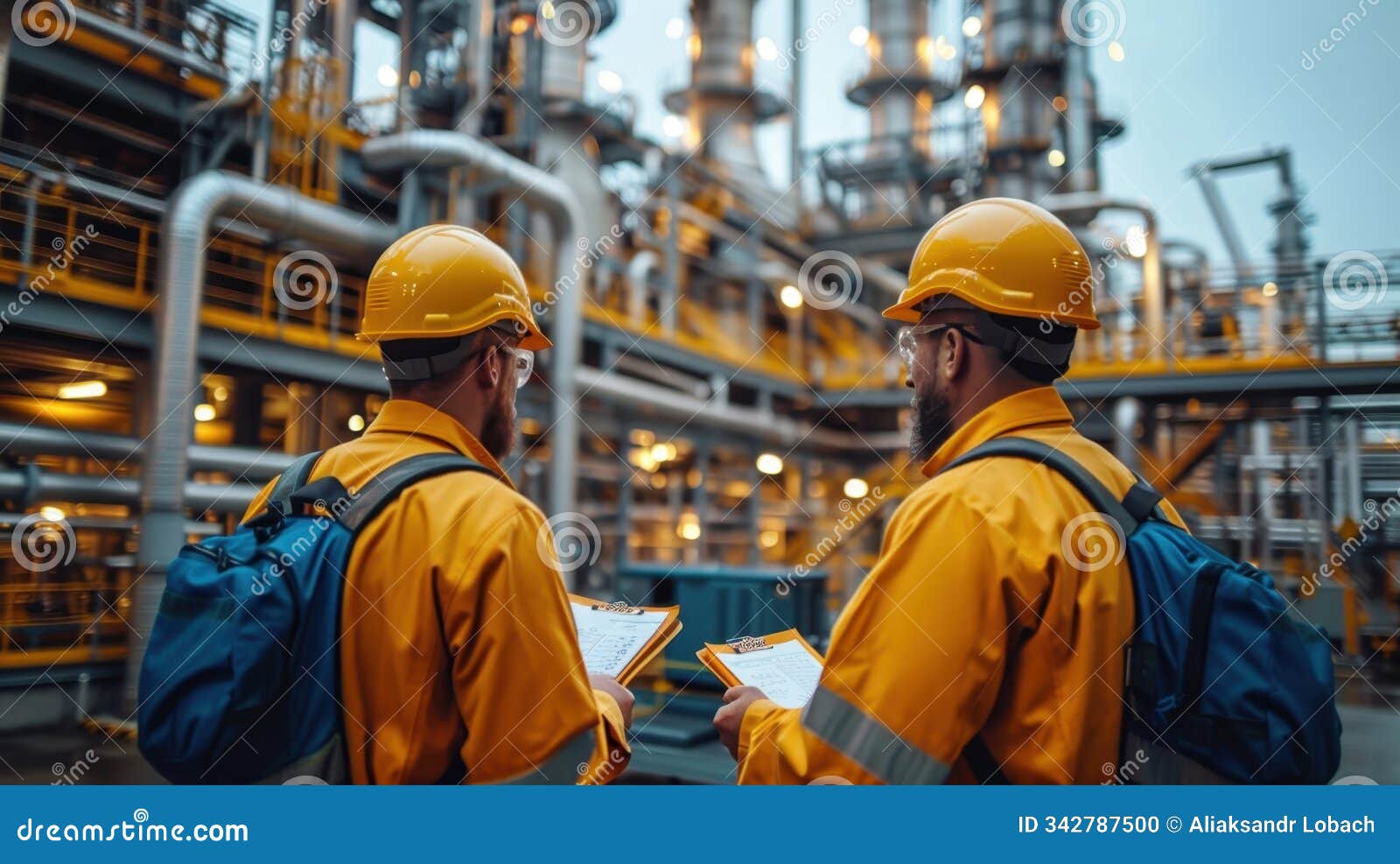 Two Male Engineers in Uniform Discuss Issues on the Refining and ...