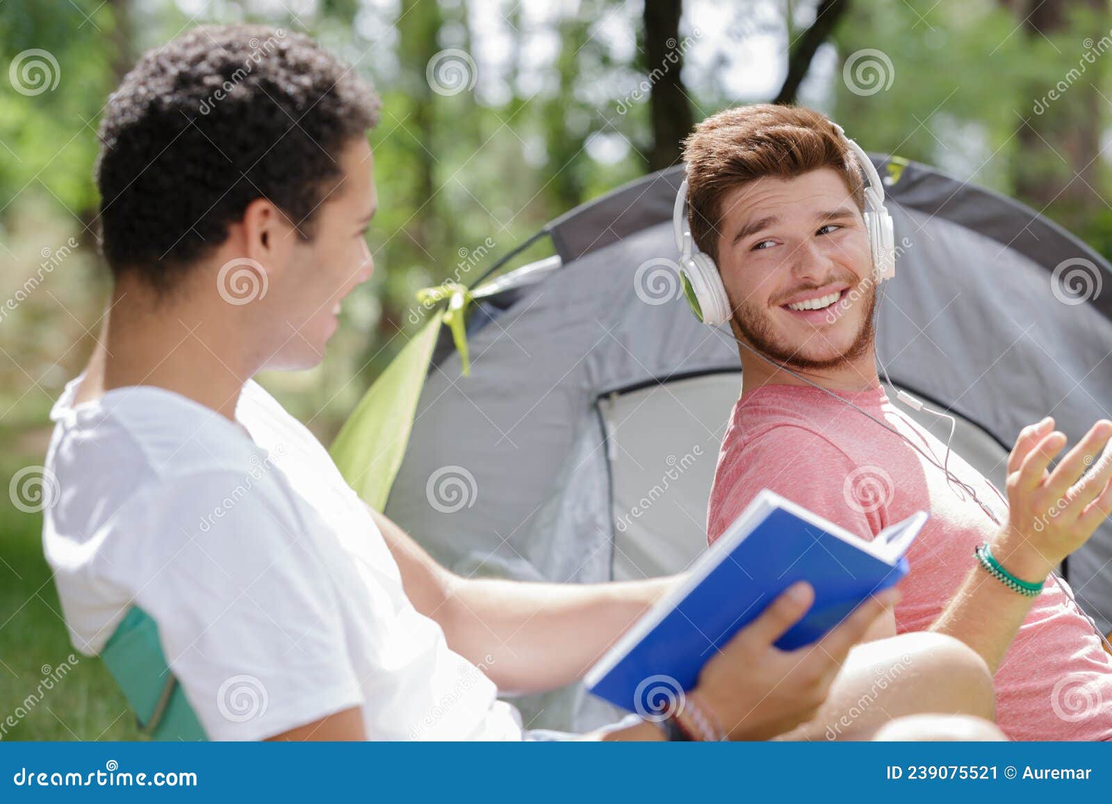 Two male friends camping stock image. Image of friends - 239075521