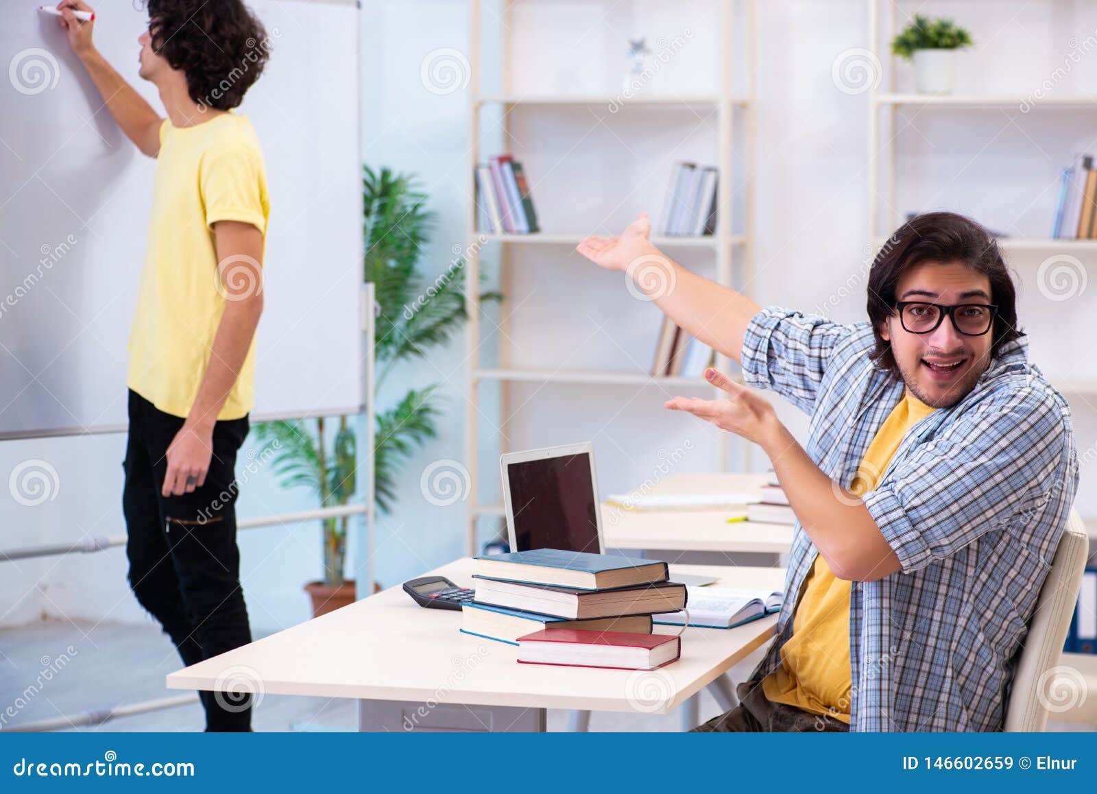 The Two Male Students in the Classroom Stock Image - Image of board ...