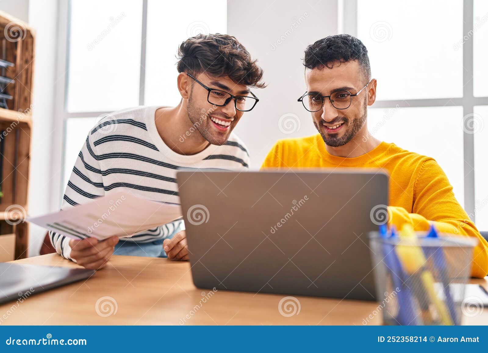 Two Man Business Workers Using Laptop Working at Office Stock Photo ...