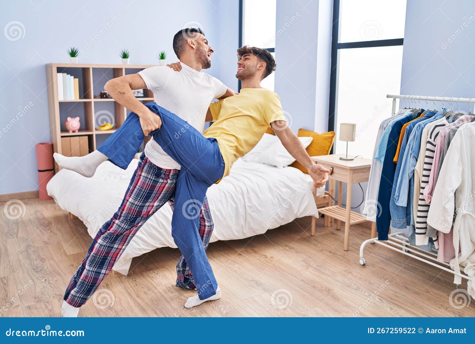 Two Man Couple Dancing at Bedroom Stock Photo - Image of hispanic, wake ...