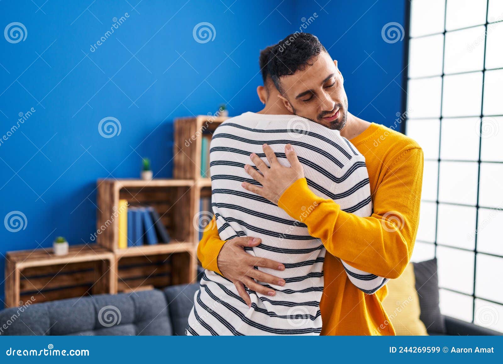 Two Man Couple Hugging Each Other Standing at Home Stock Image - Image ...