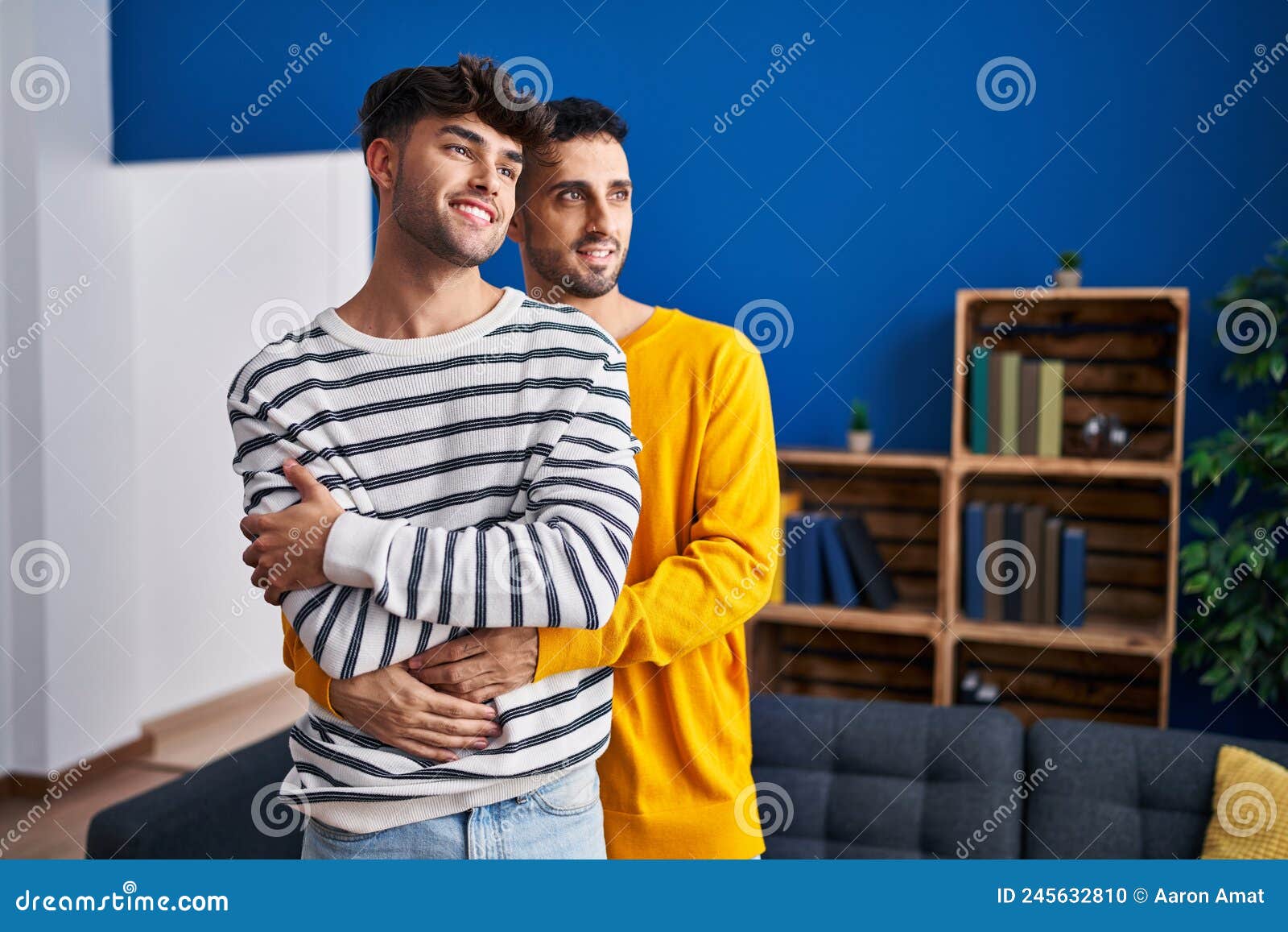 Two Man Couple Hugging Each Other Standing at Home Stock Photo - Image ...