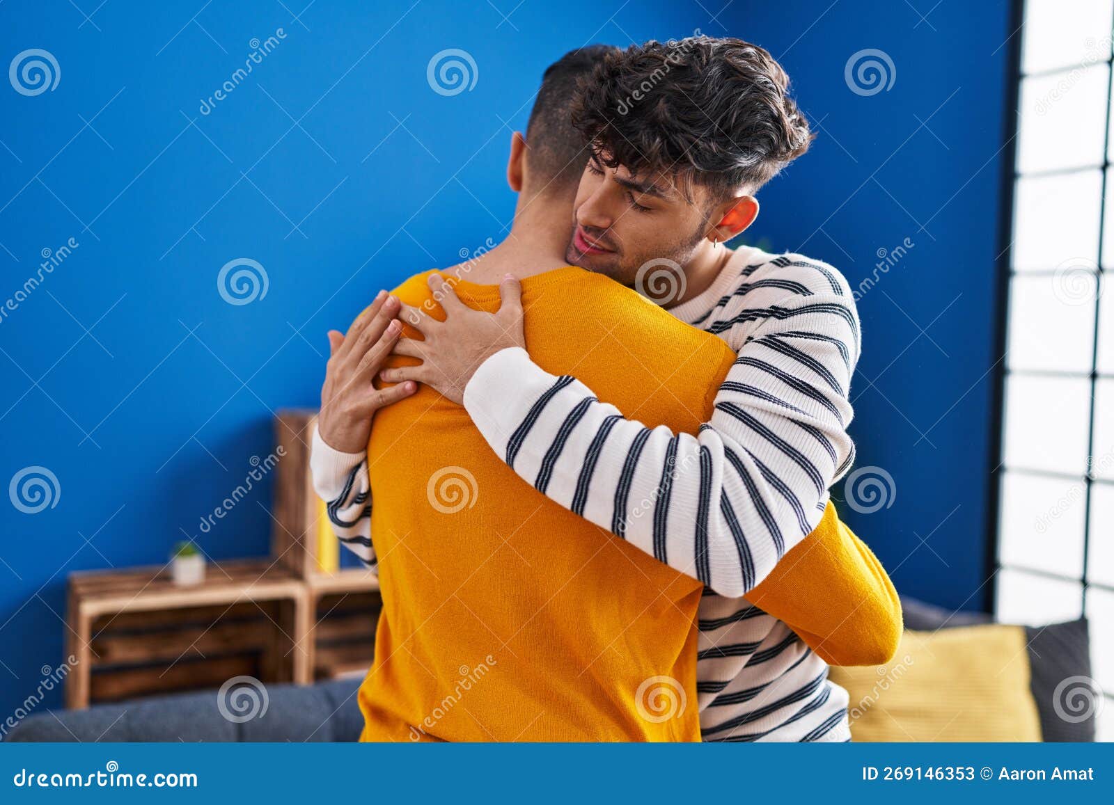 Two Man Couple Hugging Each Other Standing at Home Stock Image - Image ...