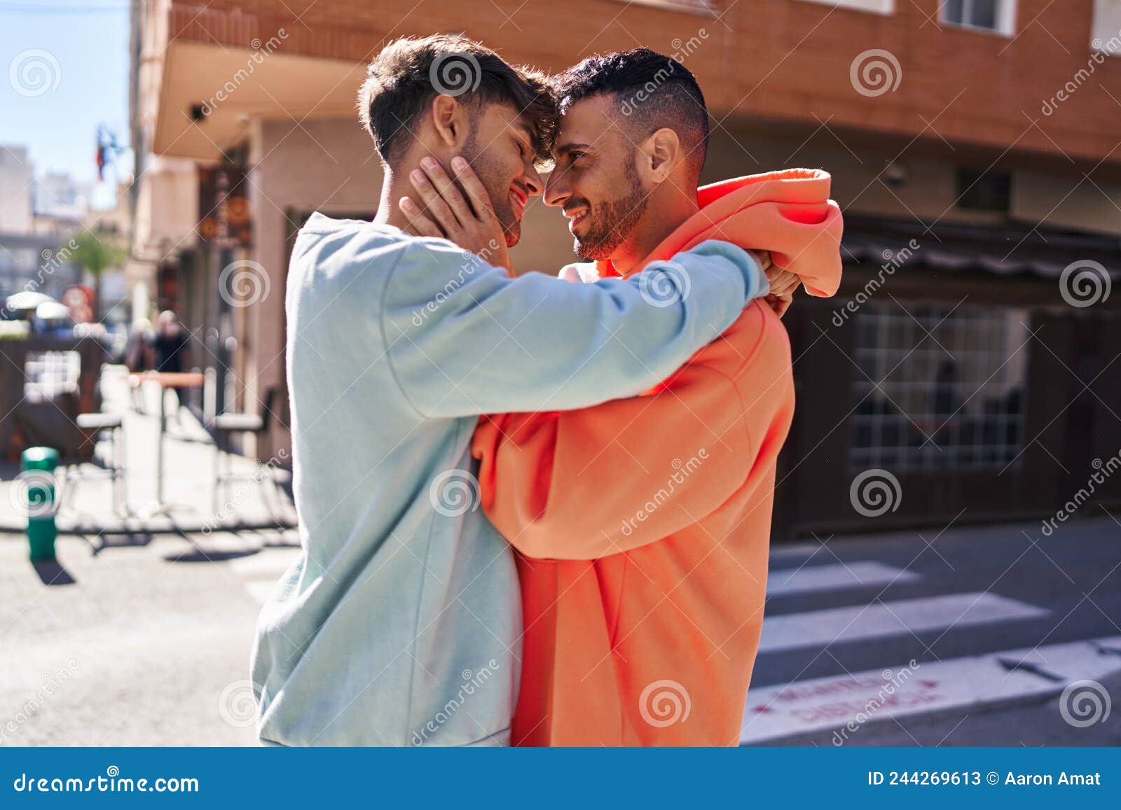 Two Man Couple Hugging Each Other Standing at Street Stock Image ...