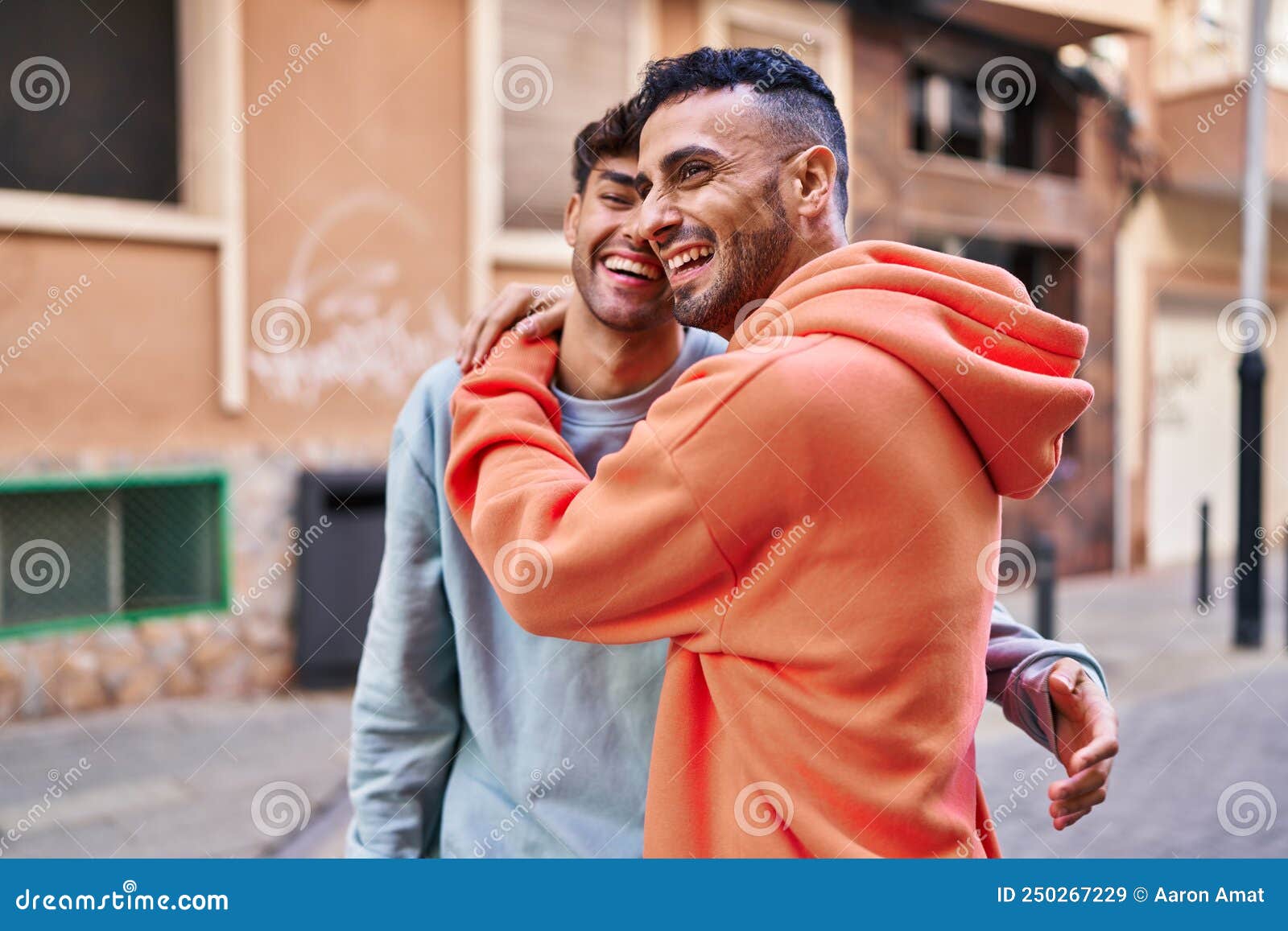 Two Man Couple Hugging Each Other Standing at Street Stock Image ...