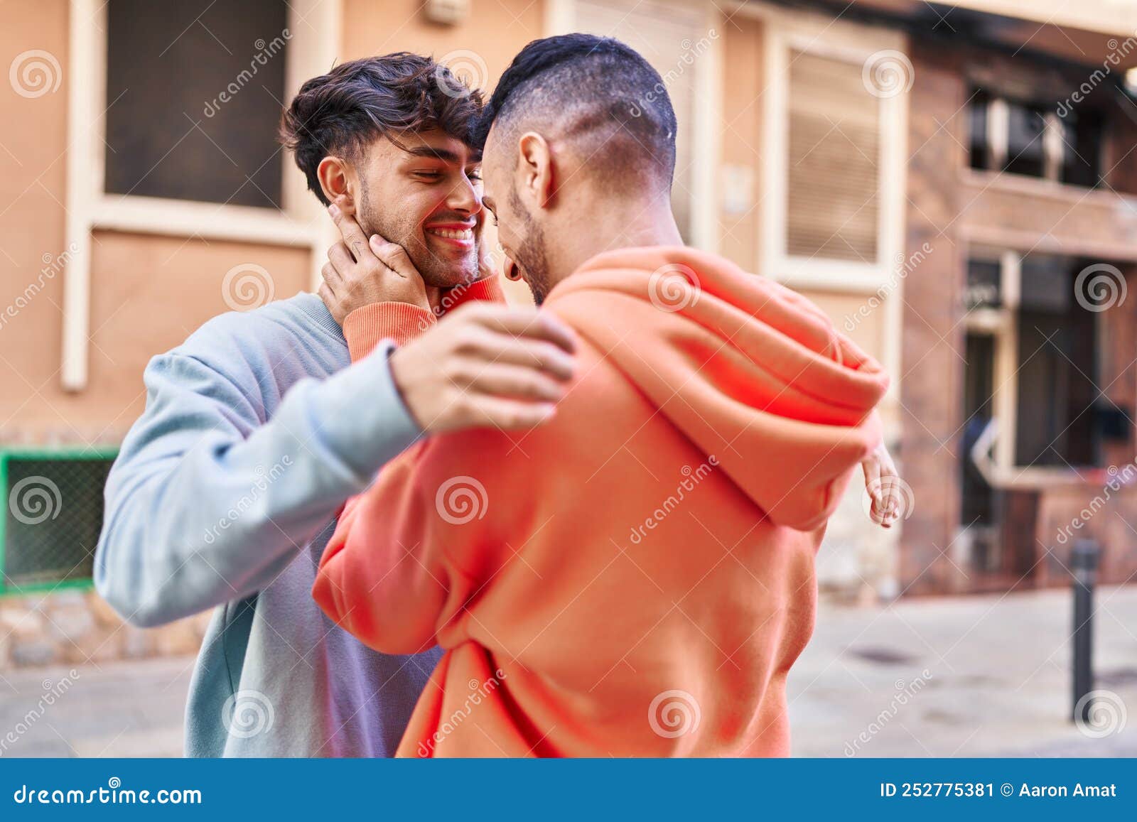 Two Man Couple Hugging Each Other Standing at Street Stock Image ...