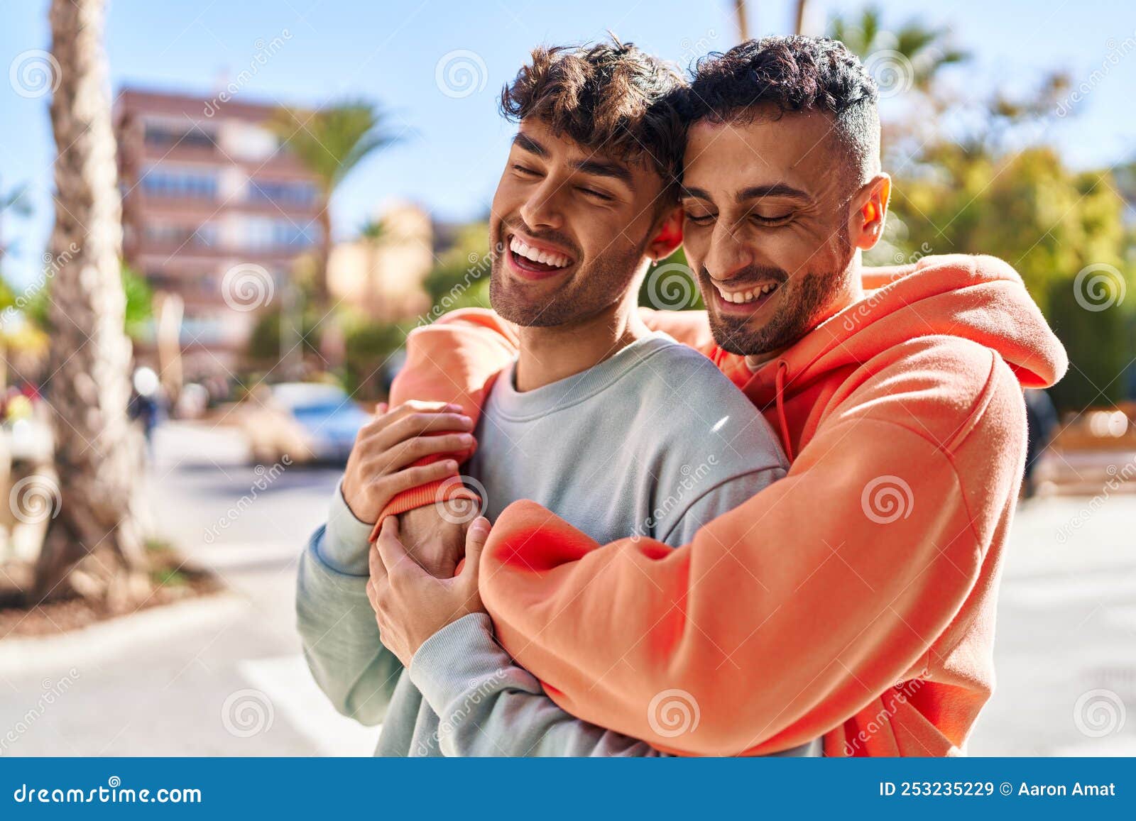 Two Man Couple Hugging Each Other Standing at Street Stock Image ...